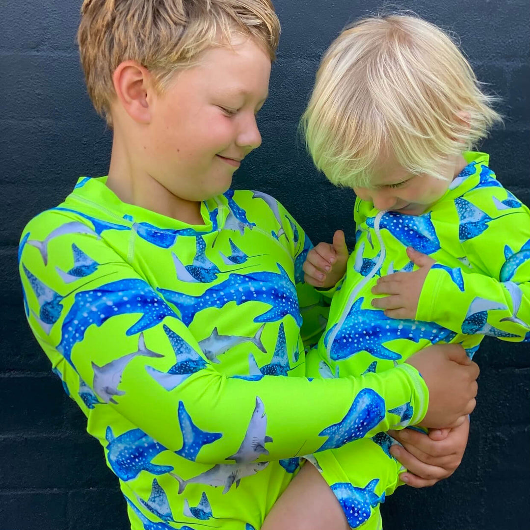 Fluro Green Sharks Kids' Rash Top – Cheeky Chickadee Store