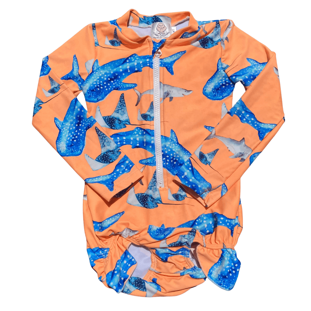 Fluro Orange Sharks Girls Long Sleeve Zip Swimmers – Cheeky Chickadee Store